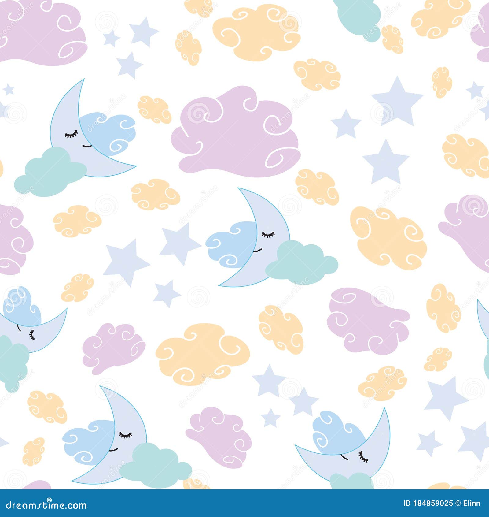 Cute Night Sky Seamless Pattern with Colorful Clouds and Moon Stock ...