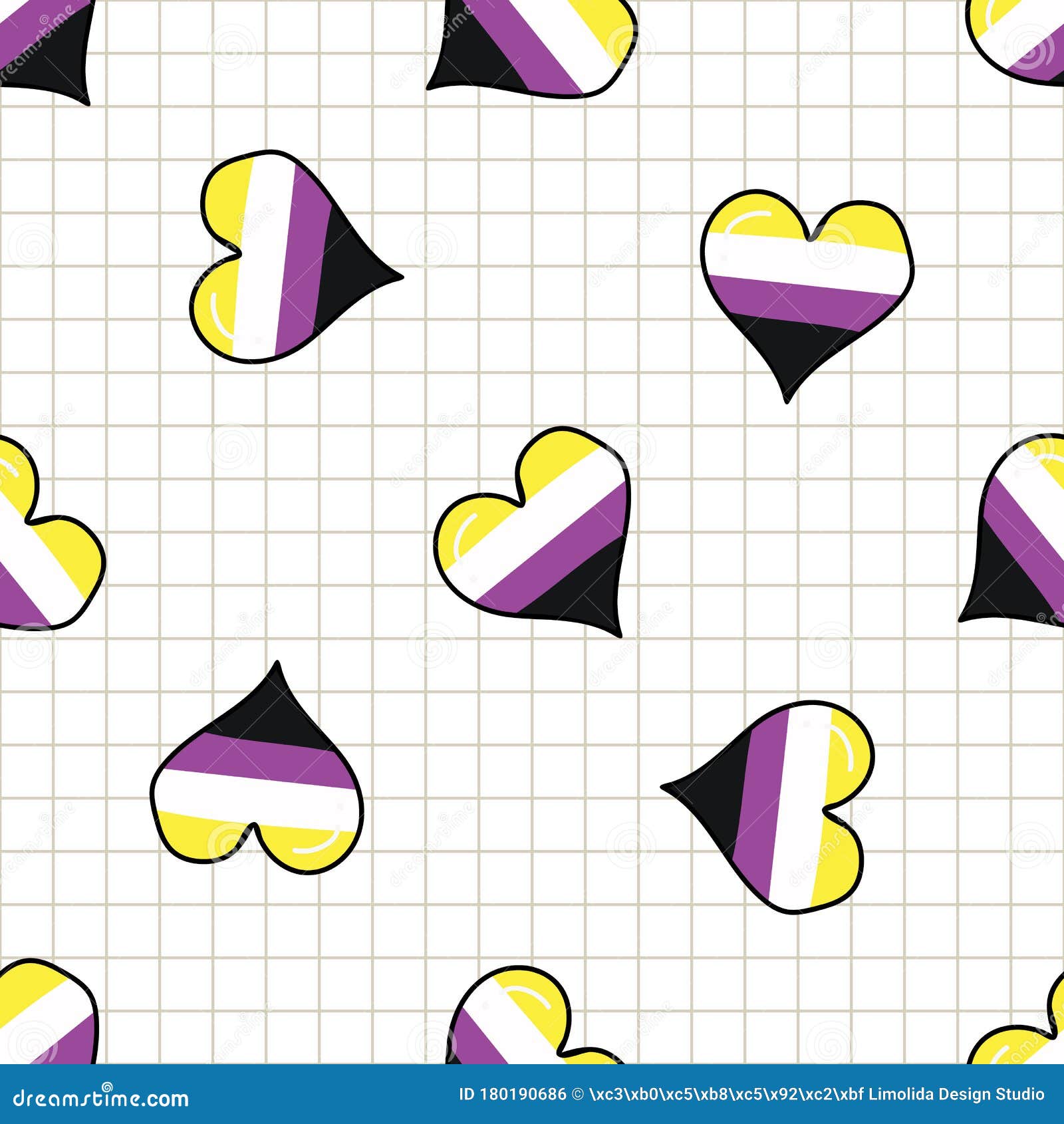 Cute Non Binary Heart Cartoon Seamless Vector Pattern Hand Drawn