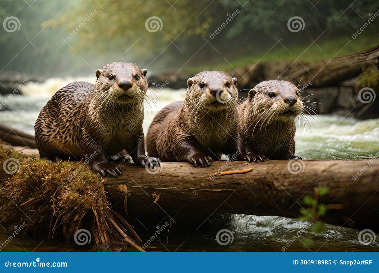Cute North American River Otters Sitting on Tree Stump Over River ...