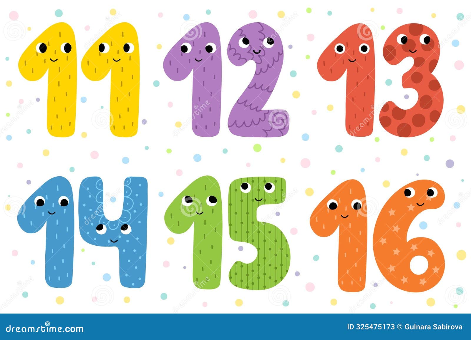 Cute Numbers Characters 11-16 for Kids. Collection of Happy Numbers in ...