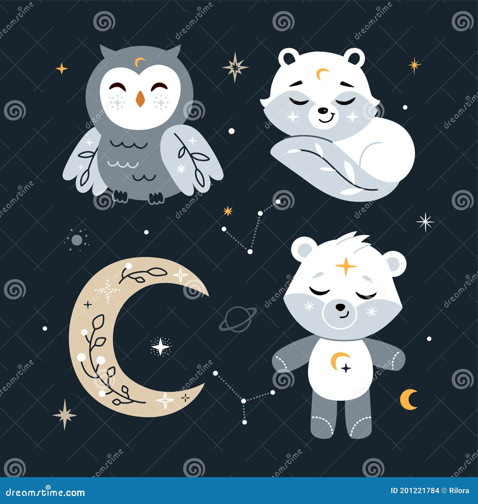Cute Nursery Set with Forest Animals, Stars and Design Elements. Vector ...