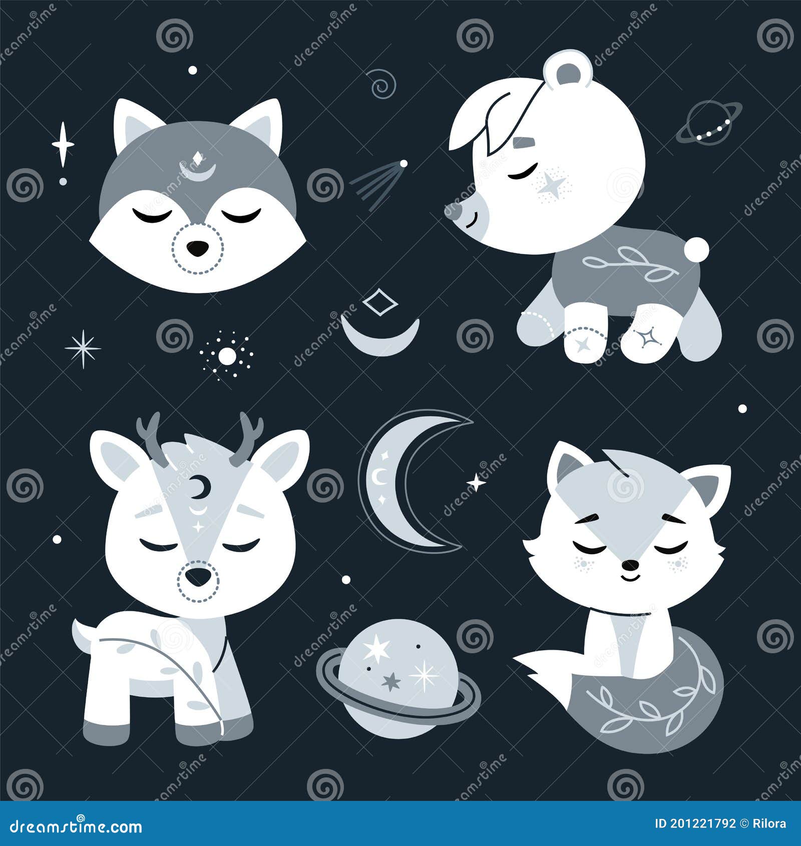 Cute Nursery Set with Forest Animals, Stars and Design Elements. Vector ...