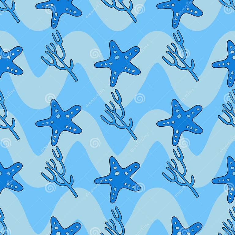 Cute Ocean Elements, Seamless Pattern on Horizontal Blue Wave ...