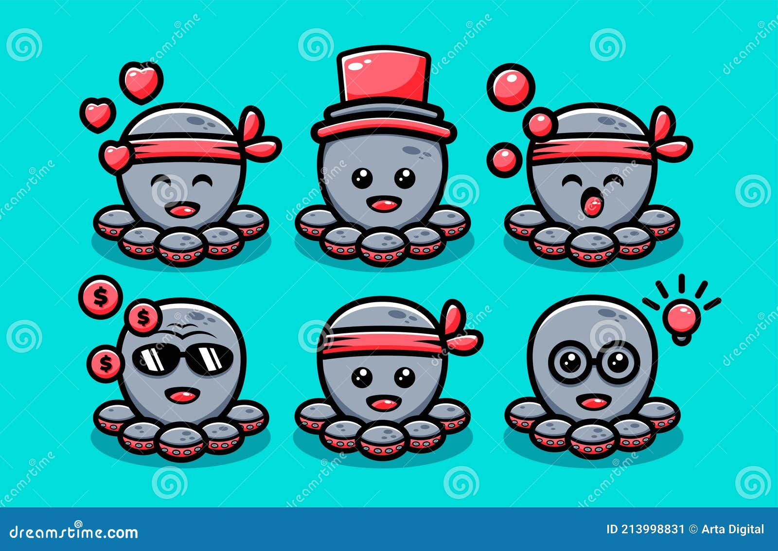 A Cute Octopus Character Design Set With Multiple Expression Cartoon ...