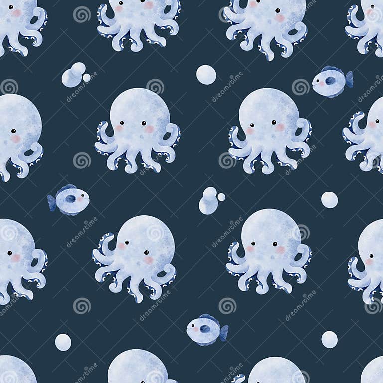 Cute Octopus Seamless Pattern on Navy Blue Background Illustration ...