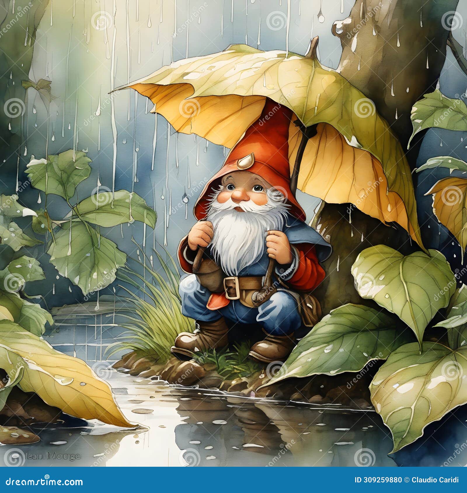 Cute Old Gnome Hiding from the Rain Stock Illustration - Illustration ...