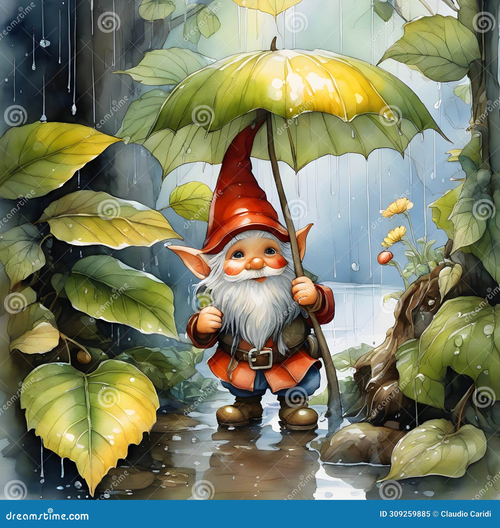 Cute Old Gnome Hiding from the Rain Stock Illustration - Illustration ...