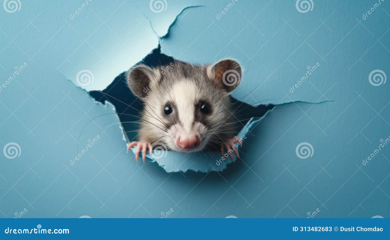 Cute Opossum Peeking through a Hole in a Blue Paper Wall Stock Image ...