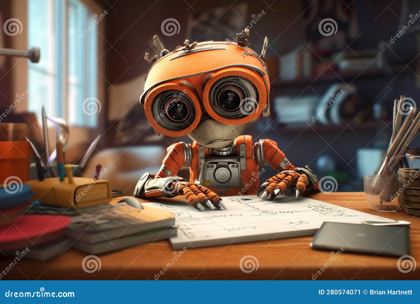 Cute Orange Robot Looking at a Book Doing Homework, Generative AI Stock ...