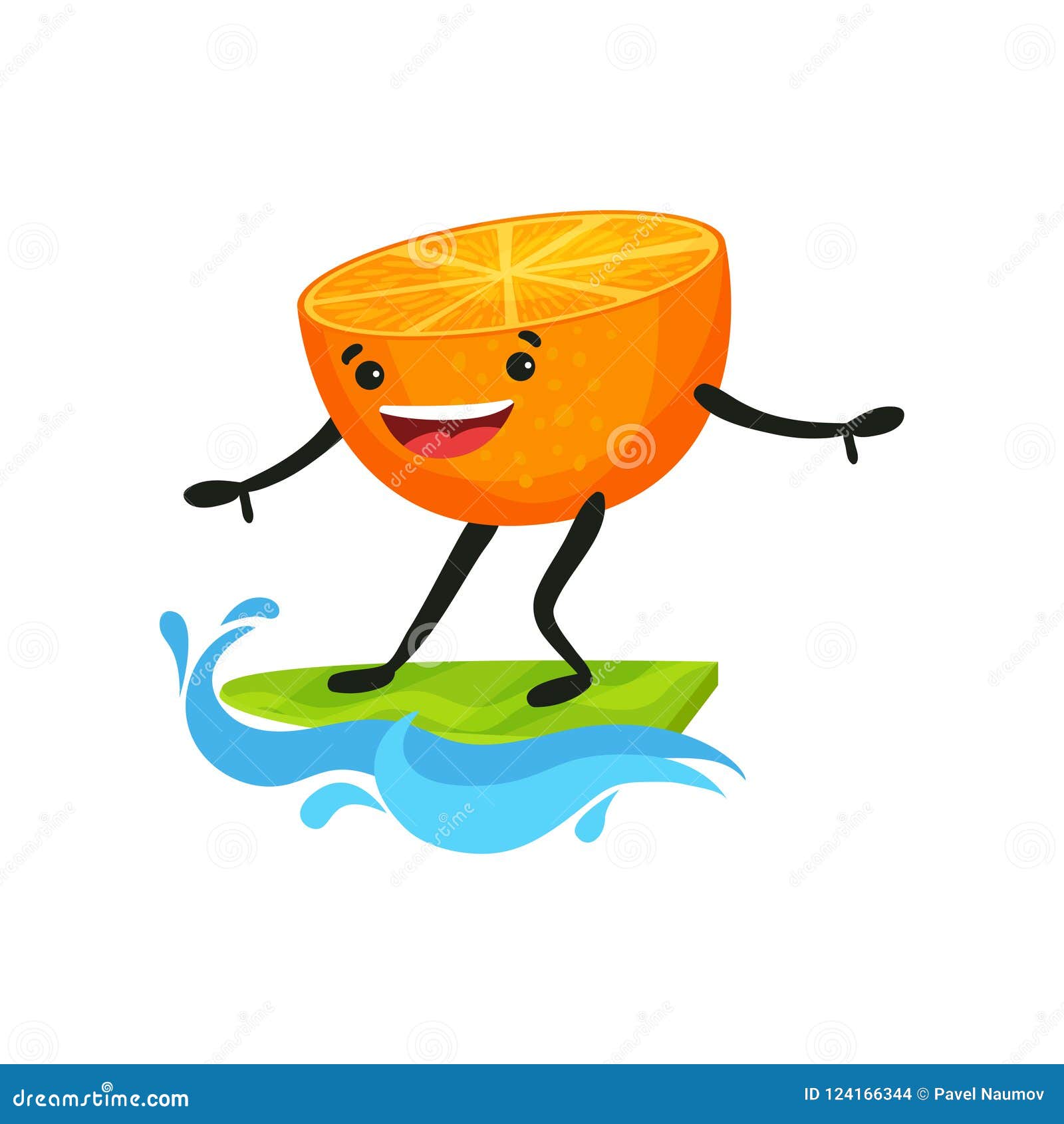 Cute Orange Surfing on Waves, Tropical Humanized Fruit Character ...
