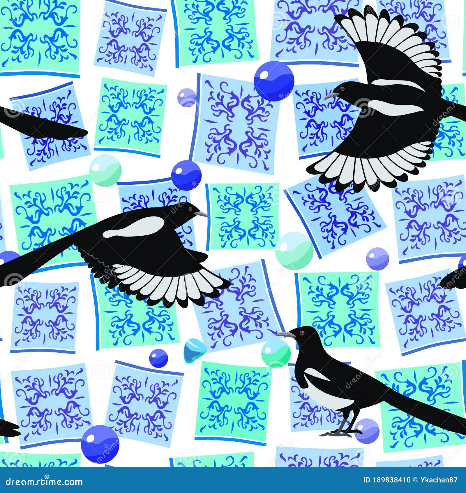 Cute Original Seamless Pattern with Magpie, Majolic Elements and ...