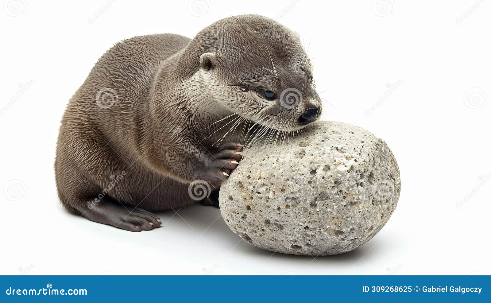 Cute Otter Playing with Rock Isolated on White Stock Image - Image of ...