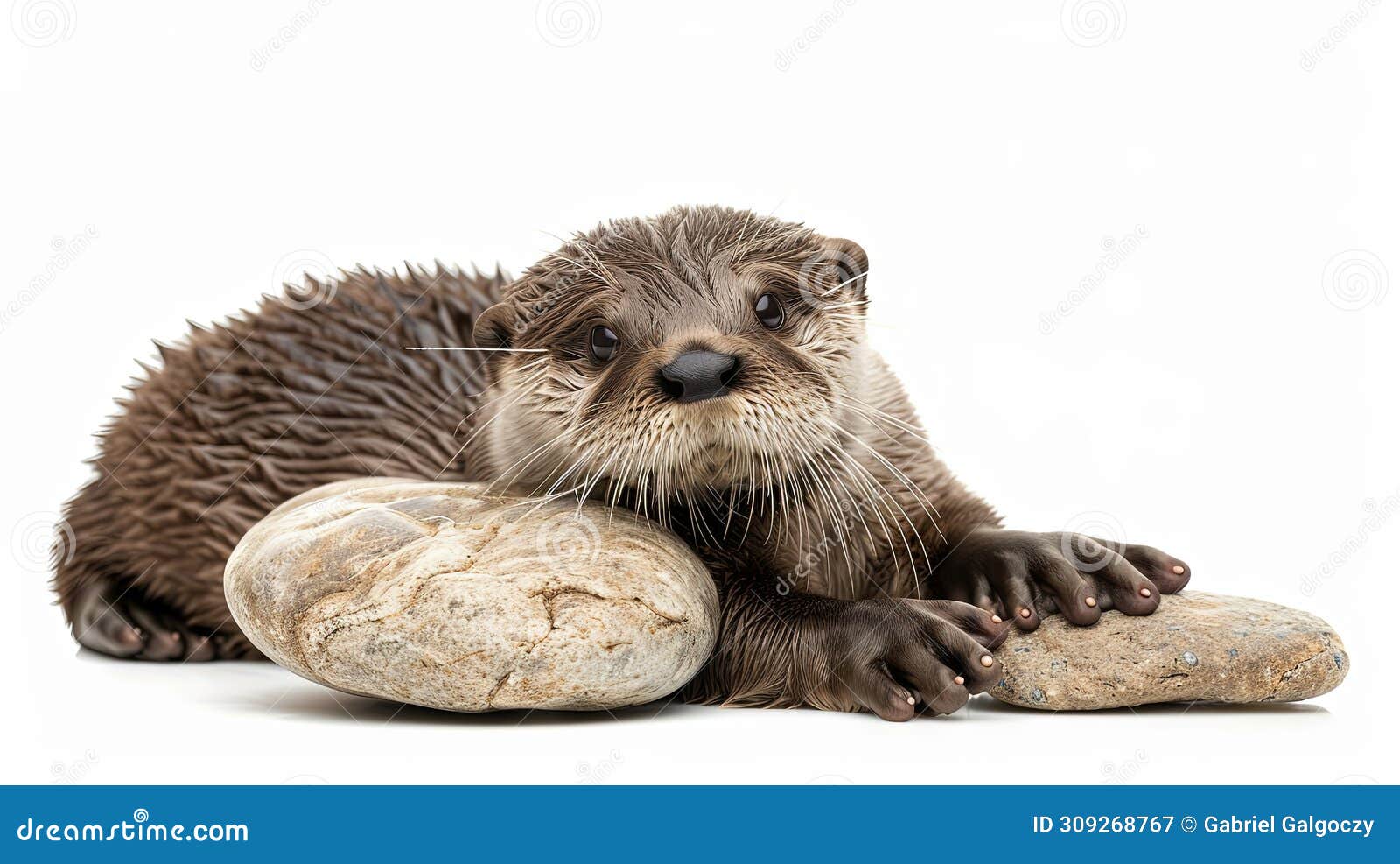 Cute Otter Playing with Rock Isolated on White Stock Image - Image of ...