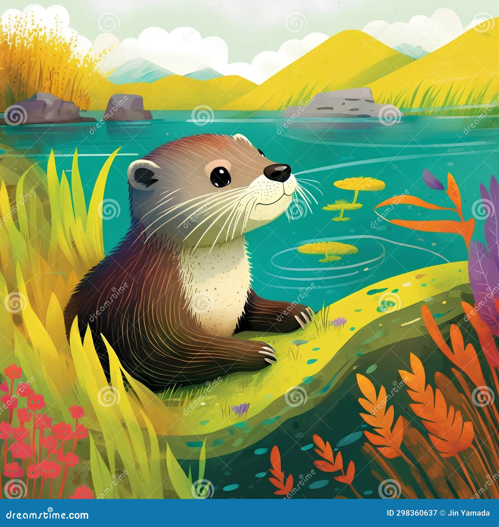 Cute Otter Sitting on the Bank of the Lake. Vector Illustration Stock ...