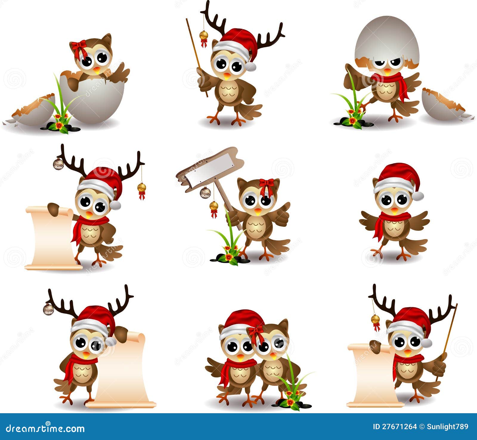 Cute Owl Christmas Cartoon Set Stock Illustration - Illustration of ...