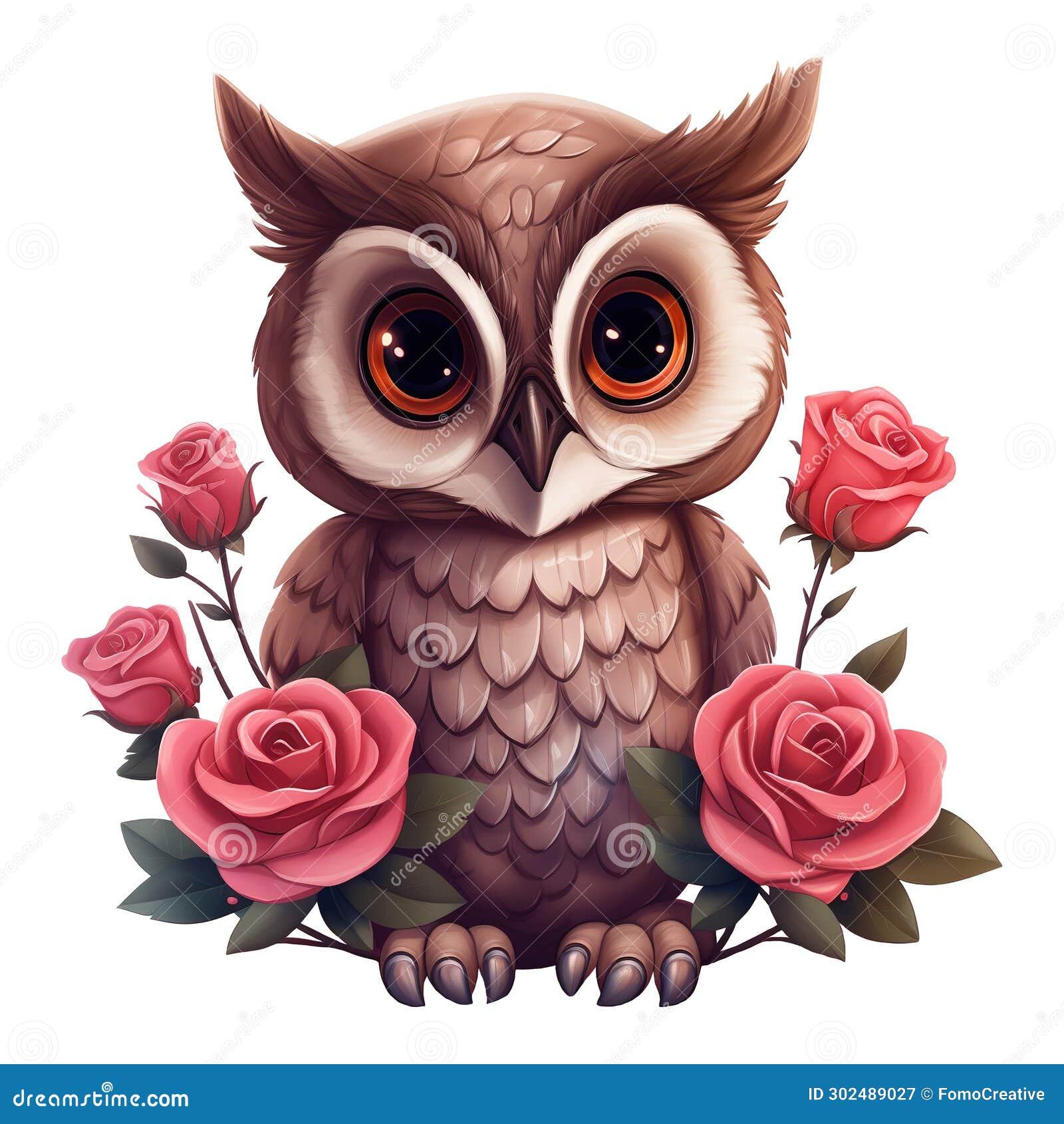 Cute owl with pink roses stock image. Illustration of head - 302489027