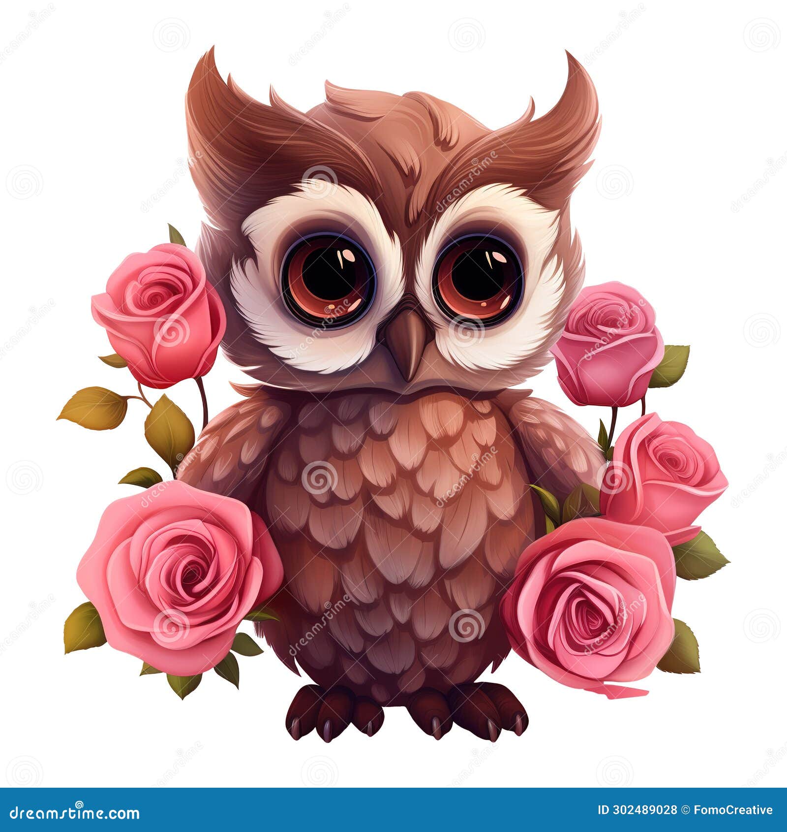 Cute owl with pink roses stock photo. Illustration of avian - 302489028