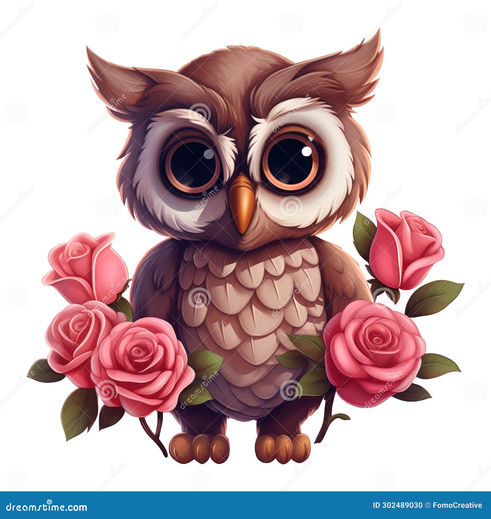 Cute owl with pink roses stock photo. Illustration of bird - 302489030