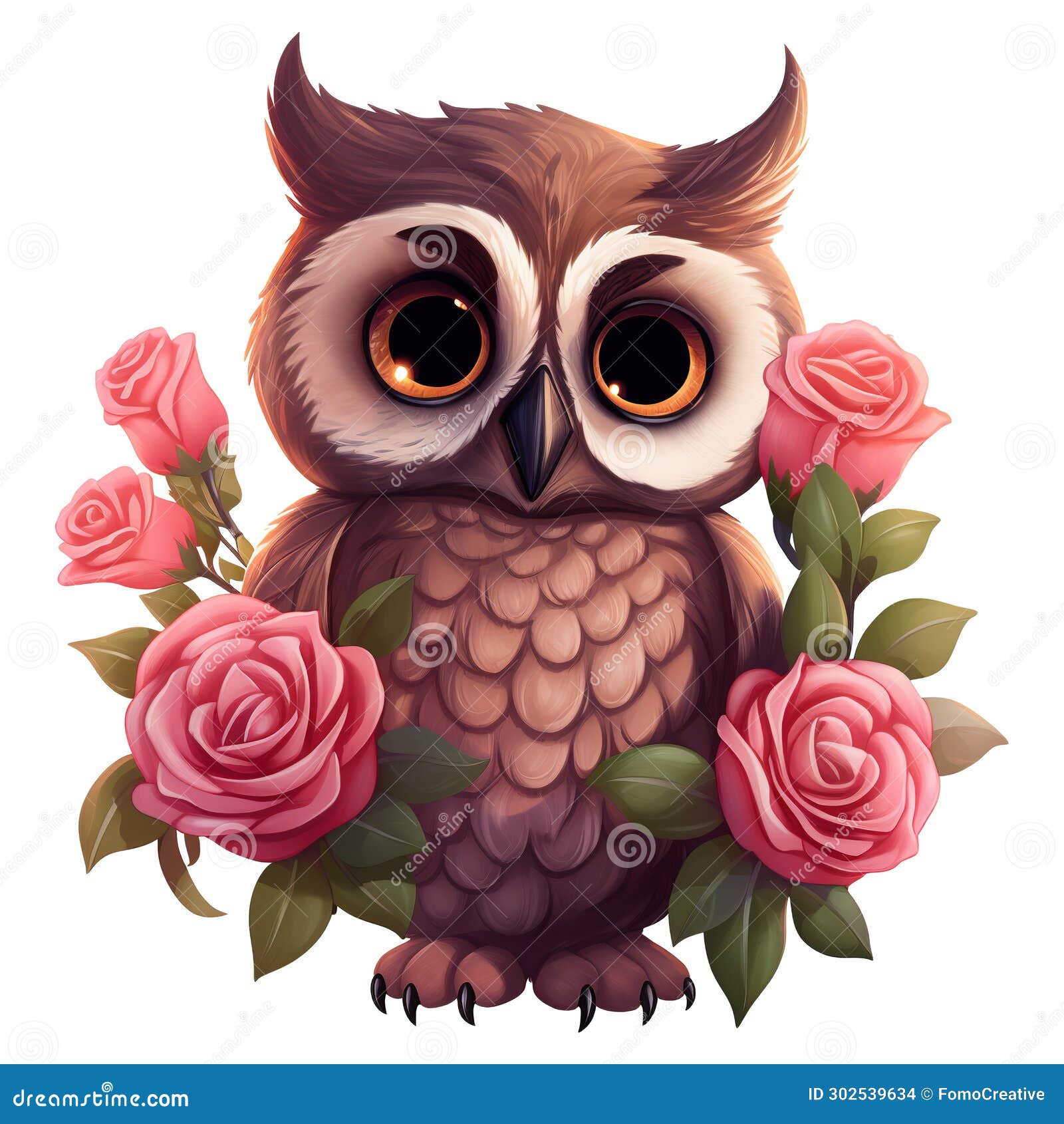 Cute owl with pink roses stock photo. Illustration of wisdom - 302539634