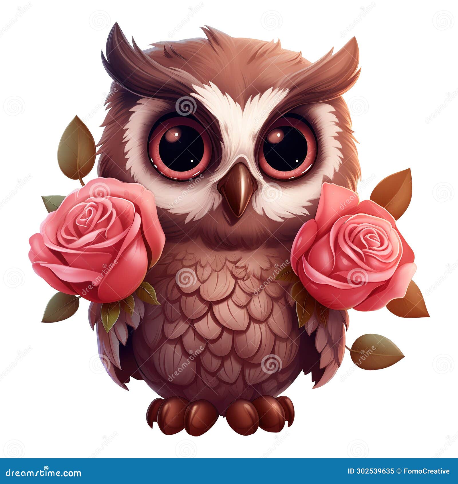 Cute owl with pink roses stock image. Illustration of colorful - 302539635