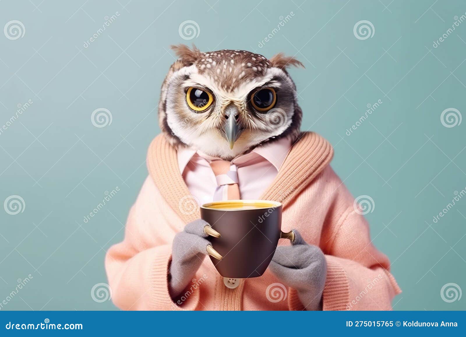 A Cute Owl in Spring Clothes Drinking Coffee or Tea, Created with ...