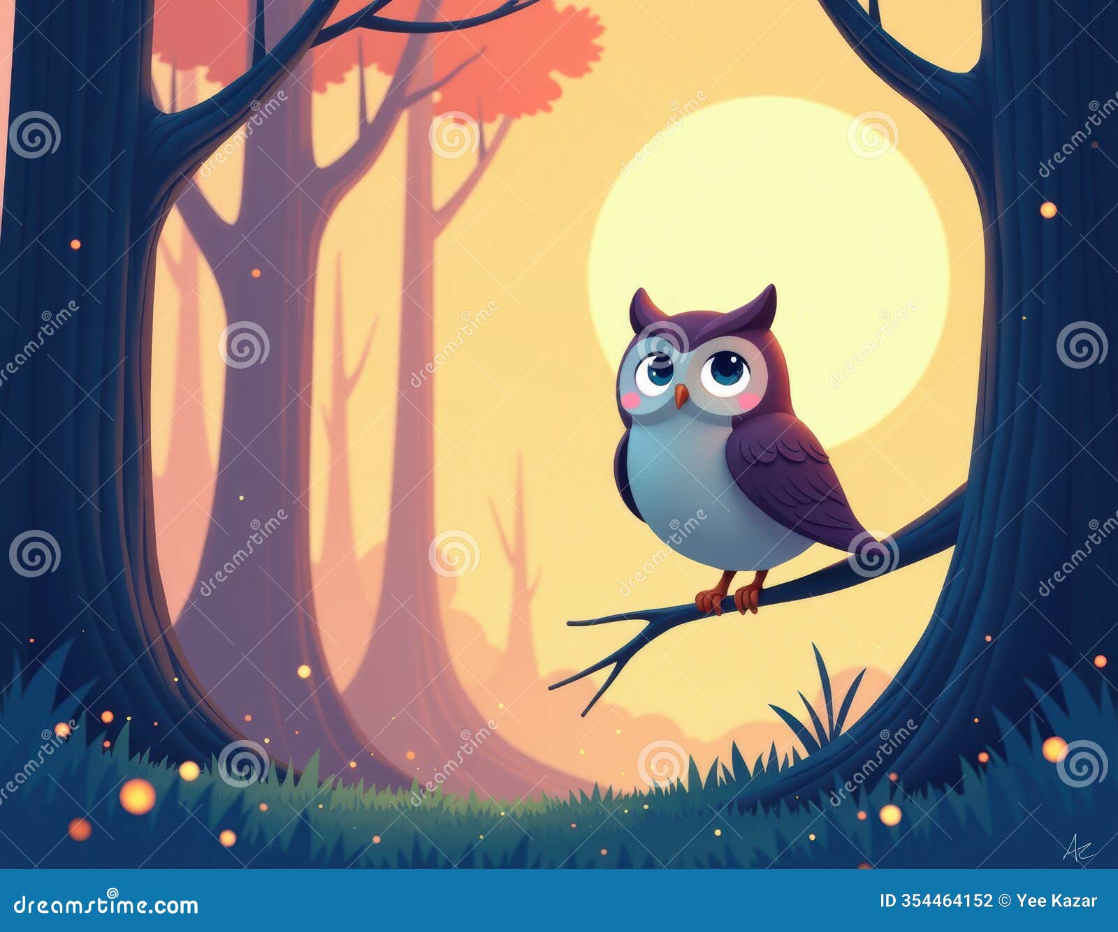 Cute Owl at Sunset in the Forest Stock Illustration - Illustration of ...