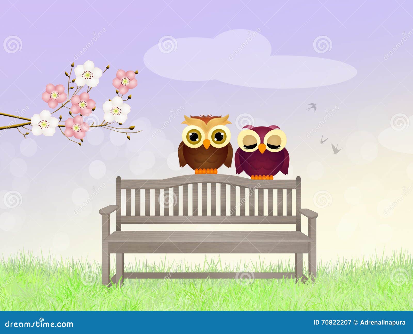 Cute owls on bench stock illustration. Illustration of carefree - 70822207