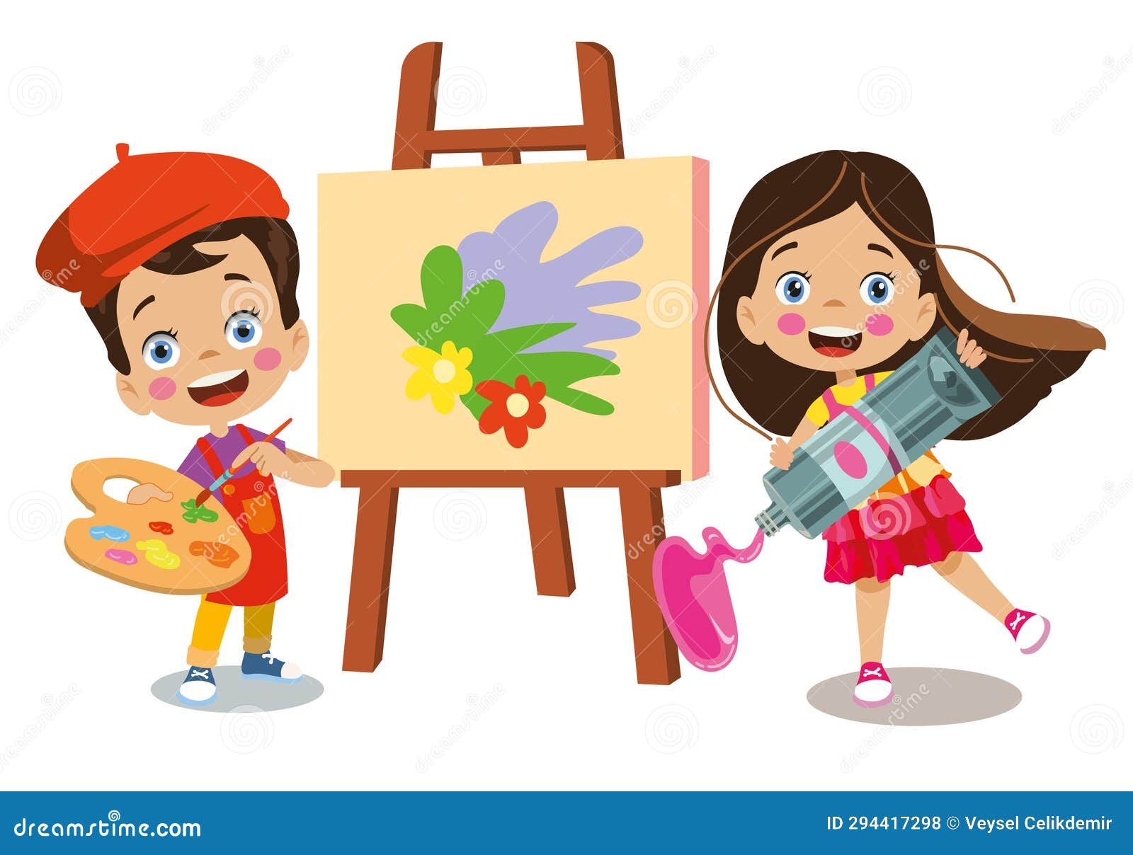 Cute Painter Boy and Girl Squeezing Oil Paint Stock Illustration ...