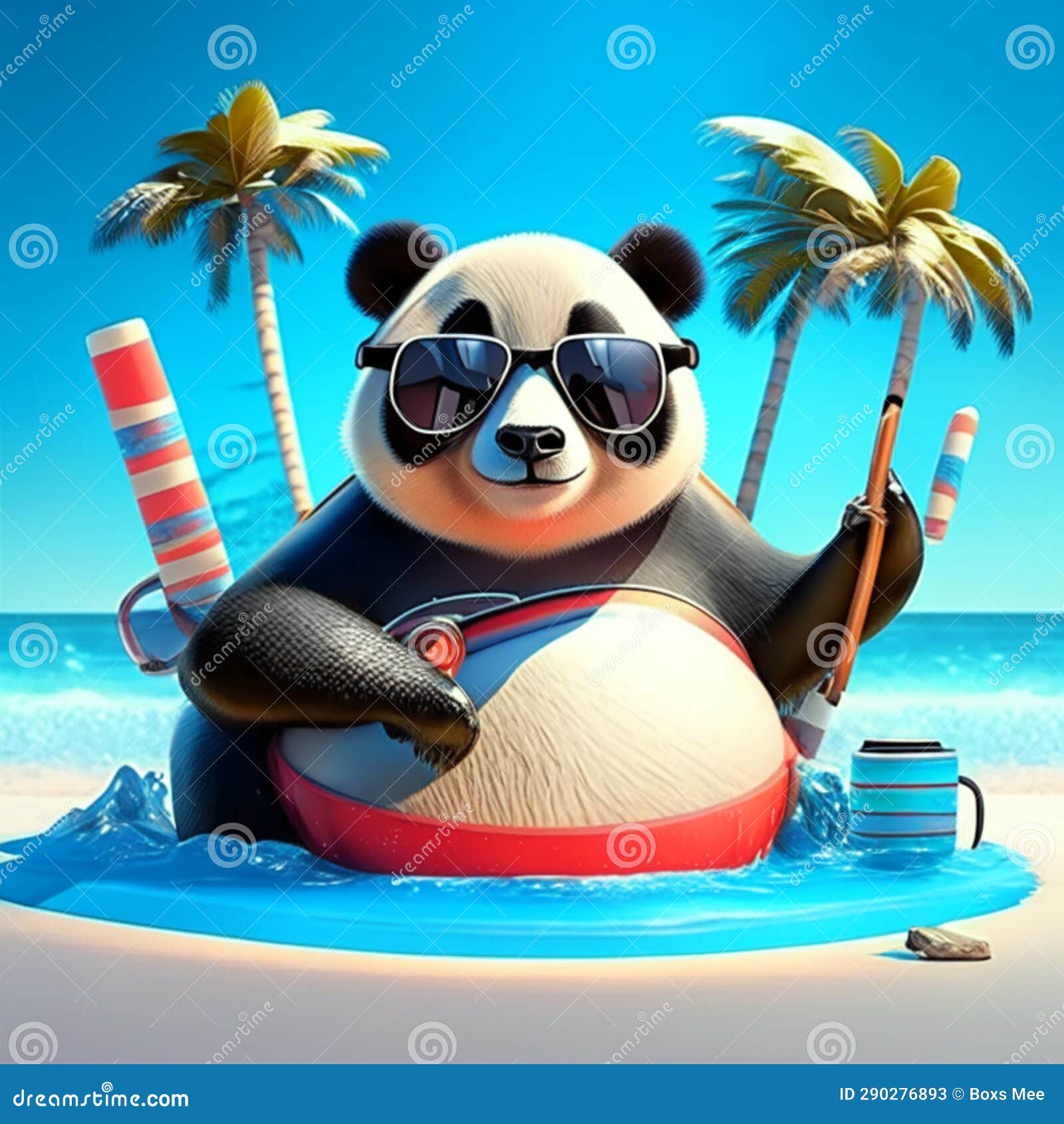Cute Panda on the Beach in Summer. 3d Rendering Generative AI Stock ...
