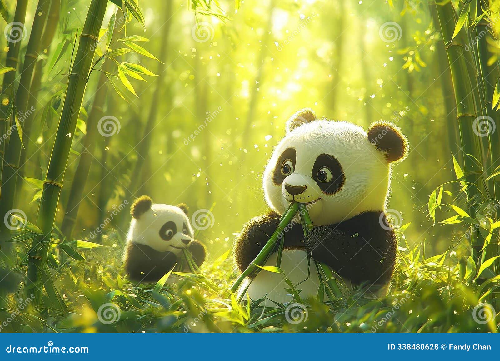 Cute Panda Bear Eating Bamboo in a Lush Forest Stock Illustration ...