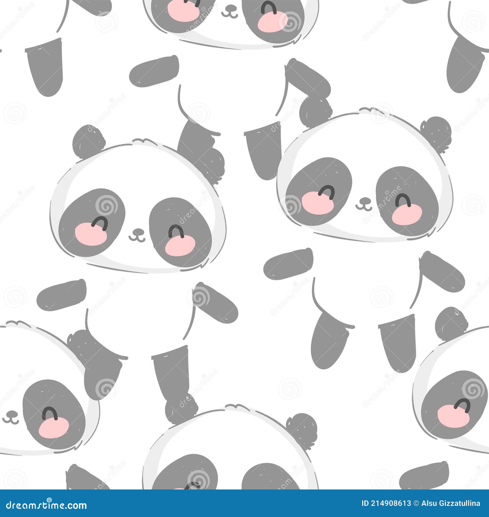 Cute Panda Bear Hand Drawn Seamless Pattern Vector Illustration Kids ...