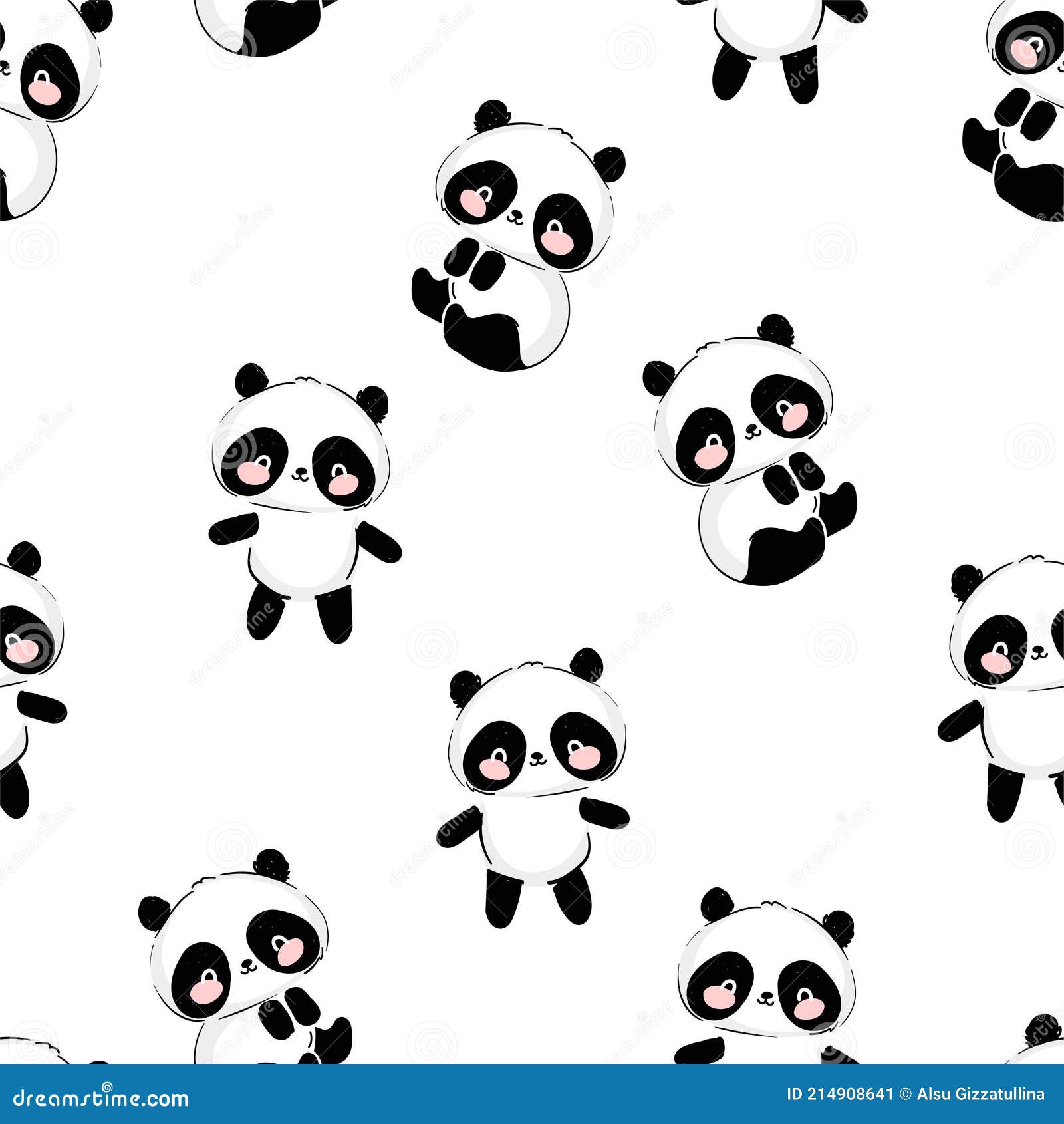 Cute Panda Bear Hand Drawn Seamless Pattern Vector Illustration Kids ...