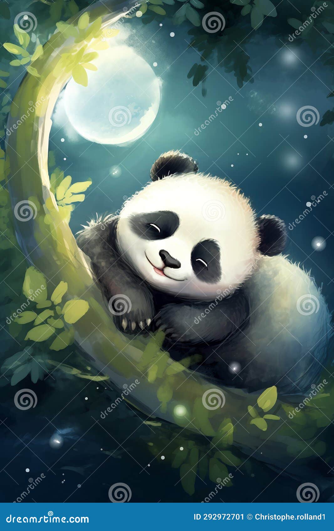A Cute Panda Bear at Night Up on a Tree Branch - Generative AI Stock ...