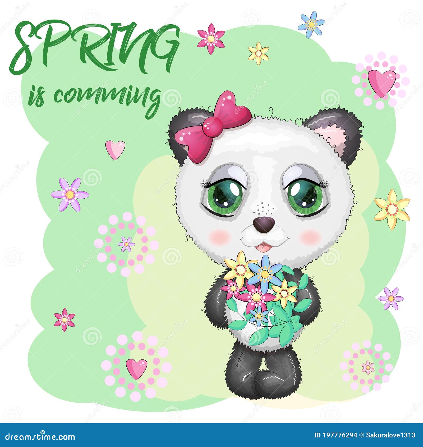 Cute Panda with Big Eyes and a Bouquet of Flowers, Spring is Coming ...