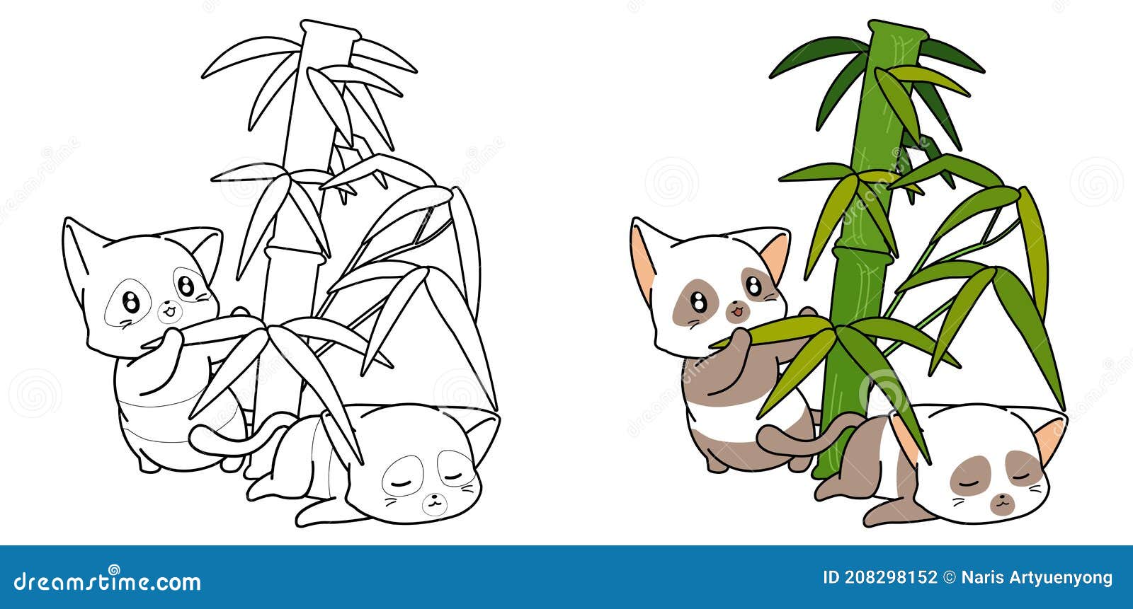 Cute Panda Cats And Bamboo Cartoon Coloring Page Vector Illustration ...