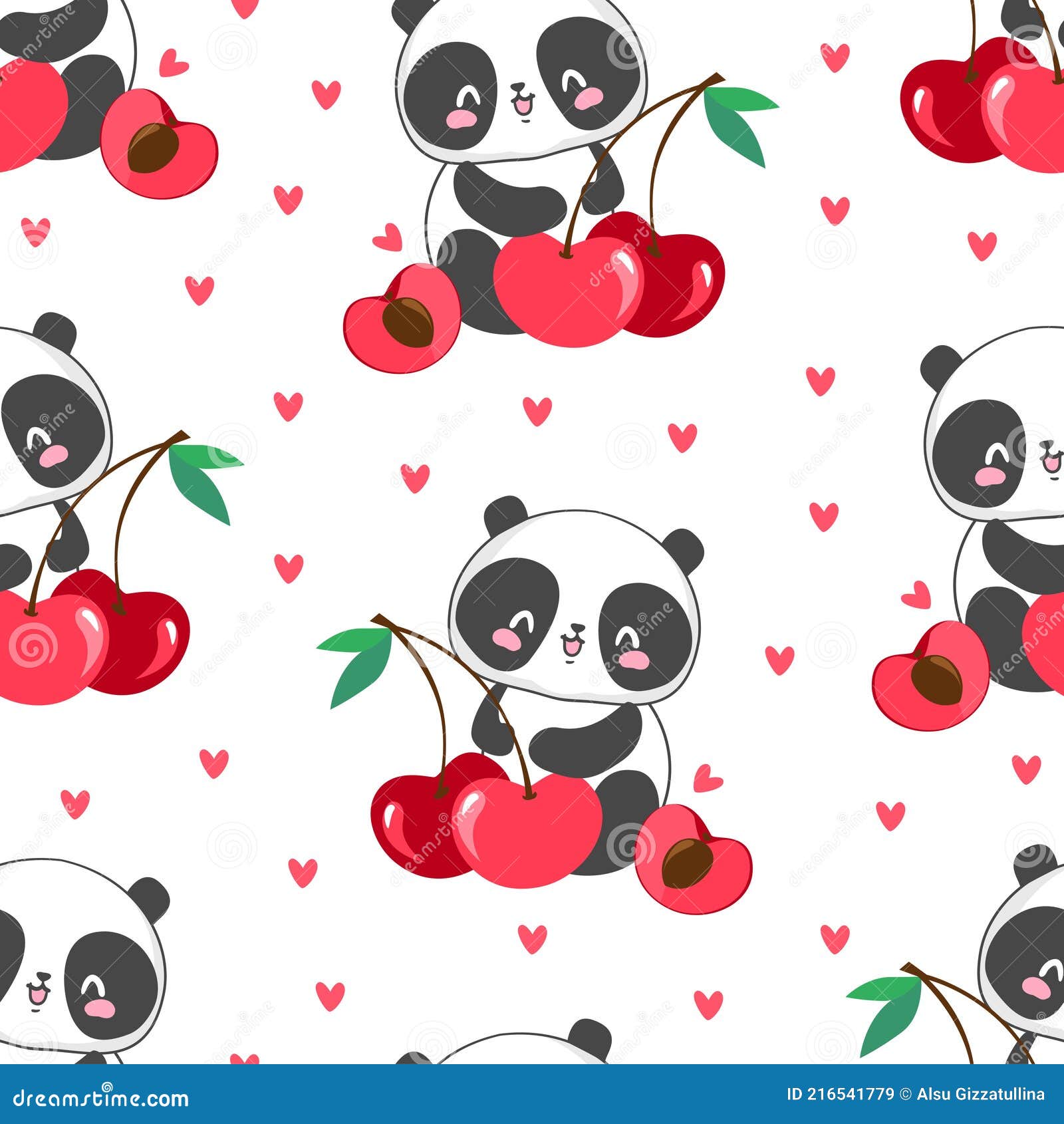 Cute Panda with Cherry Pattern Seamless Vector Illustration Print ...