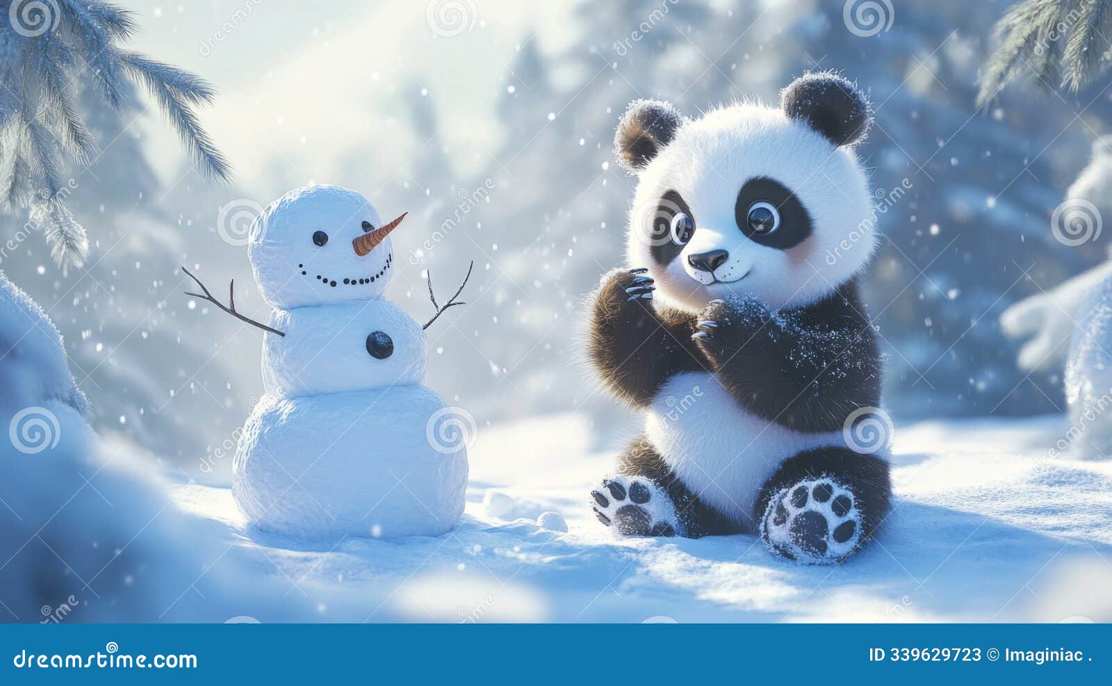 A Cute Panda Cub Sitting in the Snow with a Snowman Stock Illustration ...