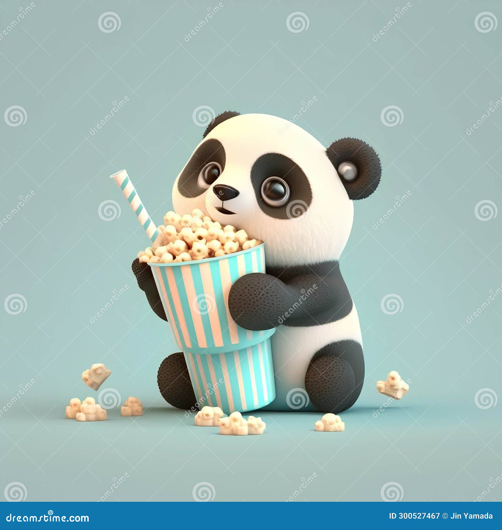Cute Panda Eating Popcorn 3d-illustration on Blue Background Stock ...