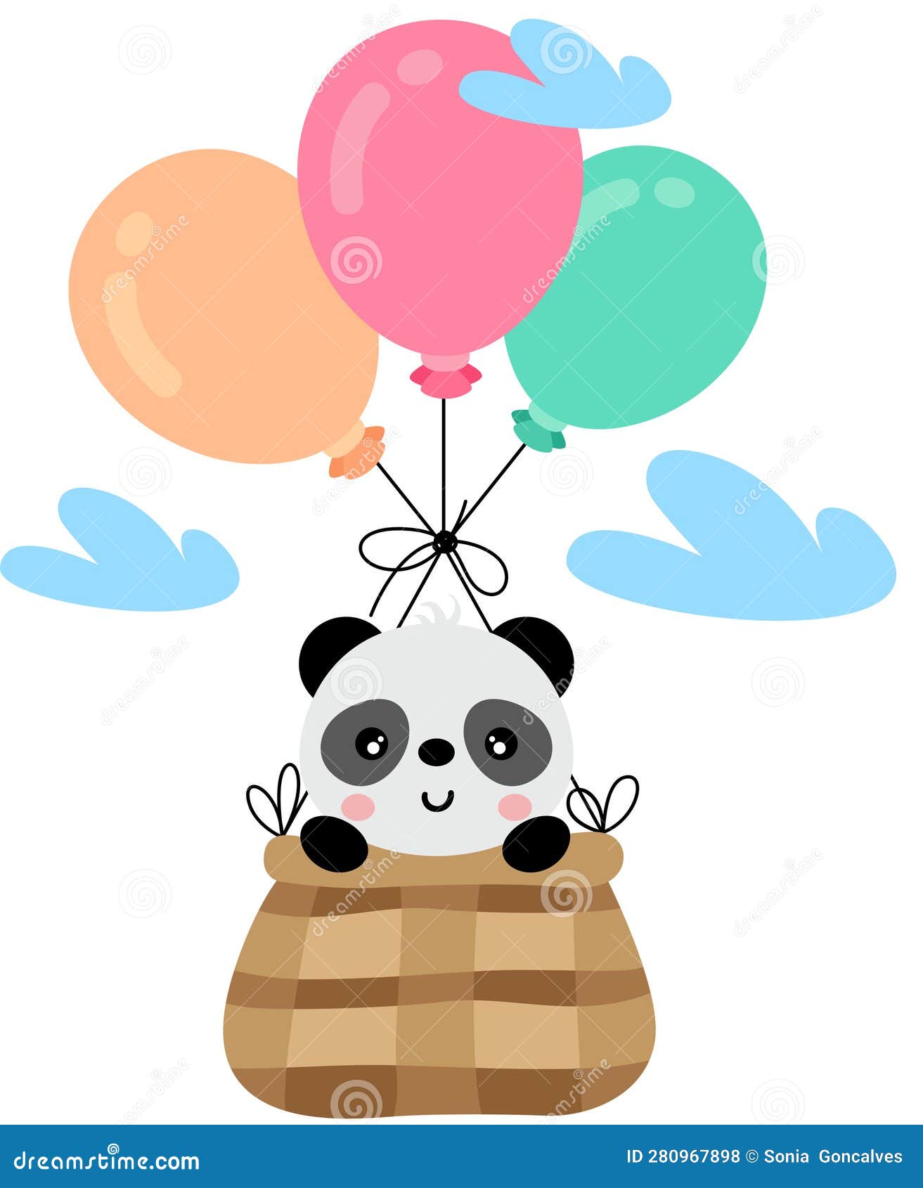 Cute Panda Flying in Basket with Balloons Stock Vector - Illustration ...