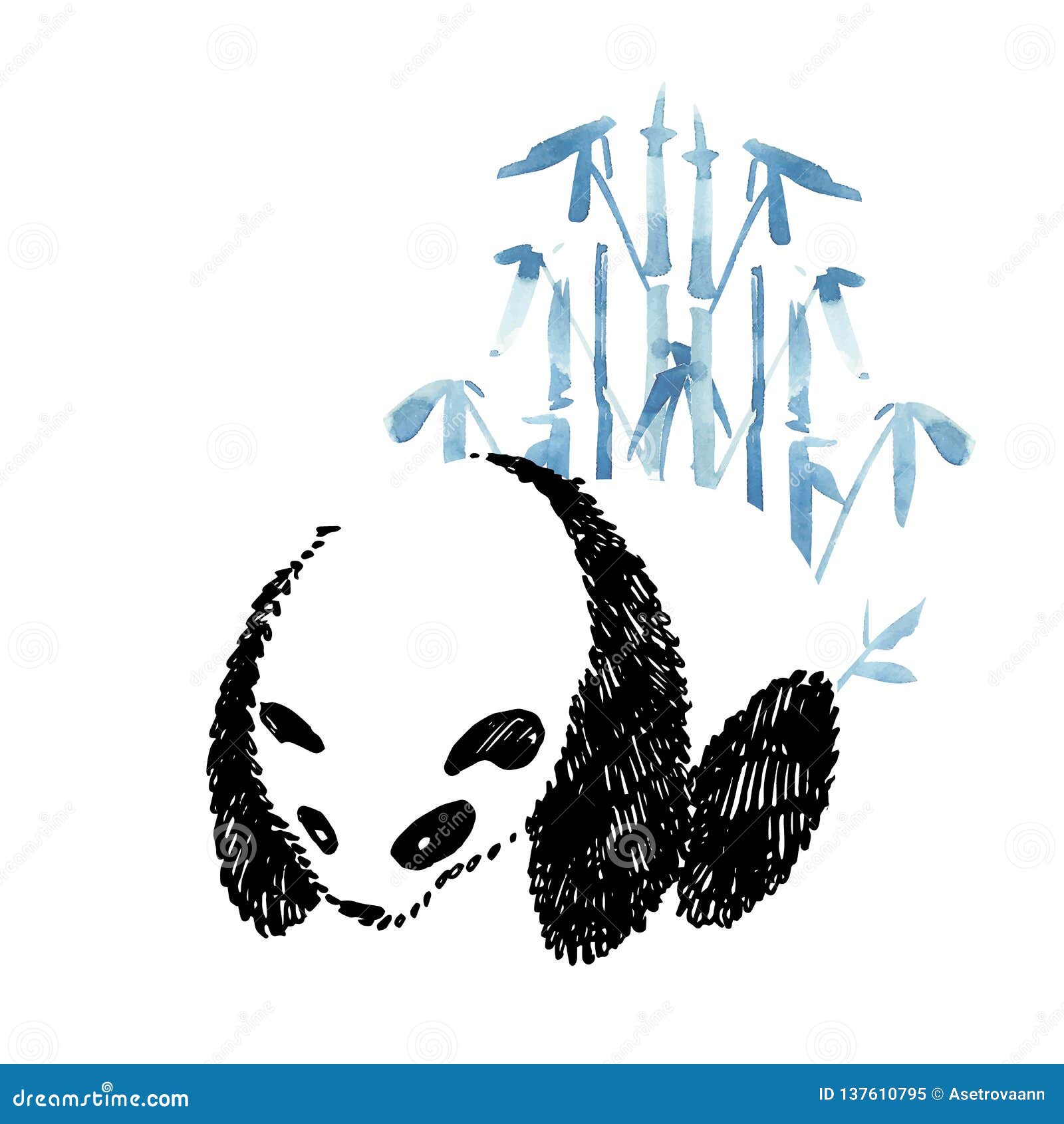 Cute Panda in Graphic Style with Bamboo. Vector Hand Drawn Illustration ...