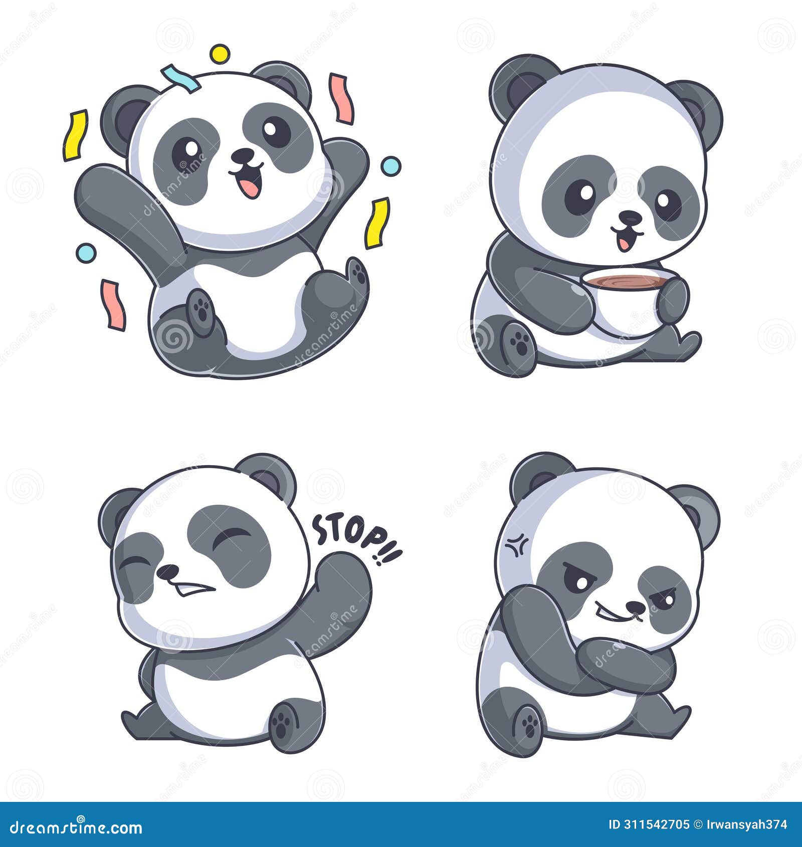 Cute Panda Happy Cartoon Style Set Stock Vector - Illustration of ...
