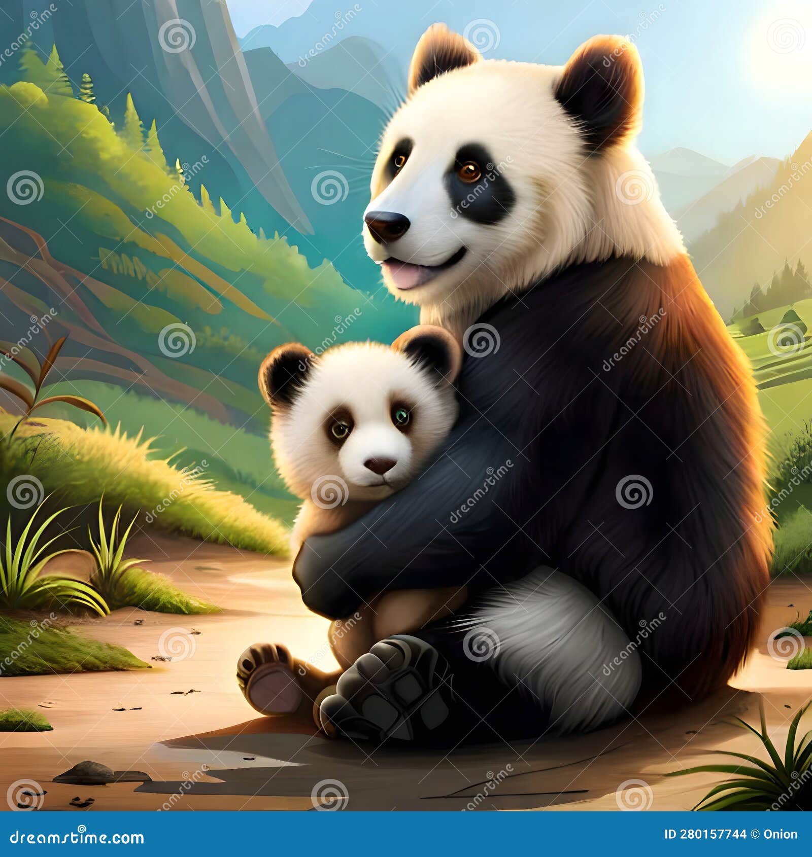 Cute Panda Mum with Her Cub - Ai Generated Image Stock Illustration ...