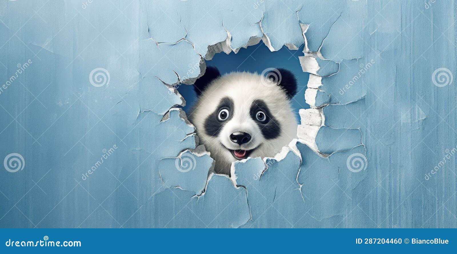 Cute Panda Peekging Out of a Hole in Wall, Torn Hole, Empty Copy Space ...