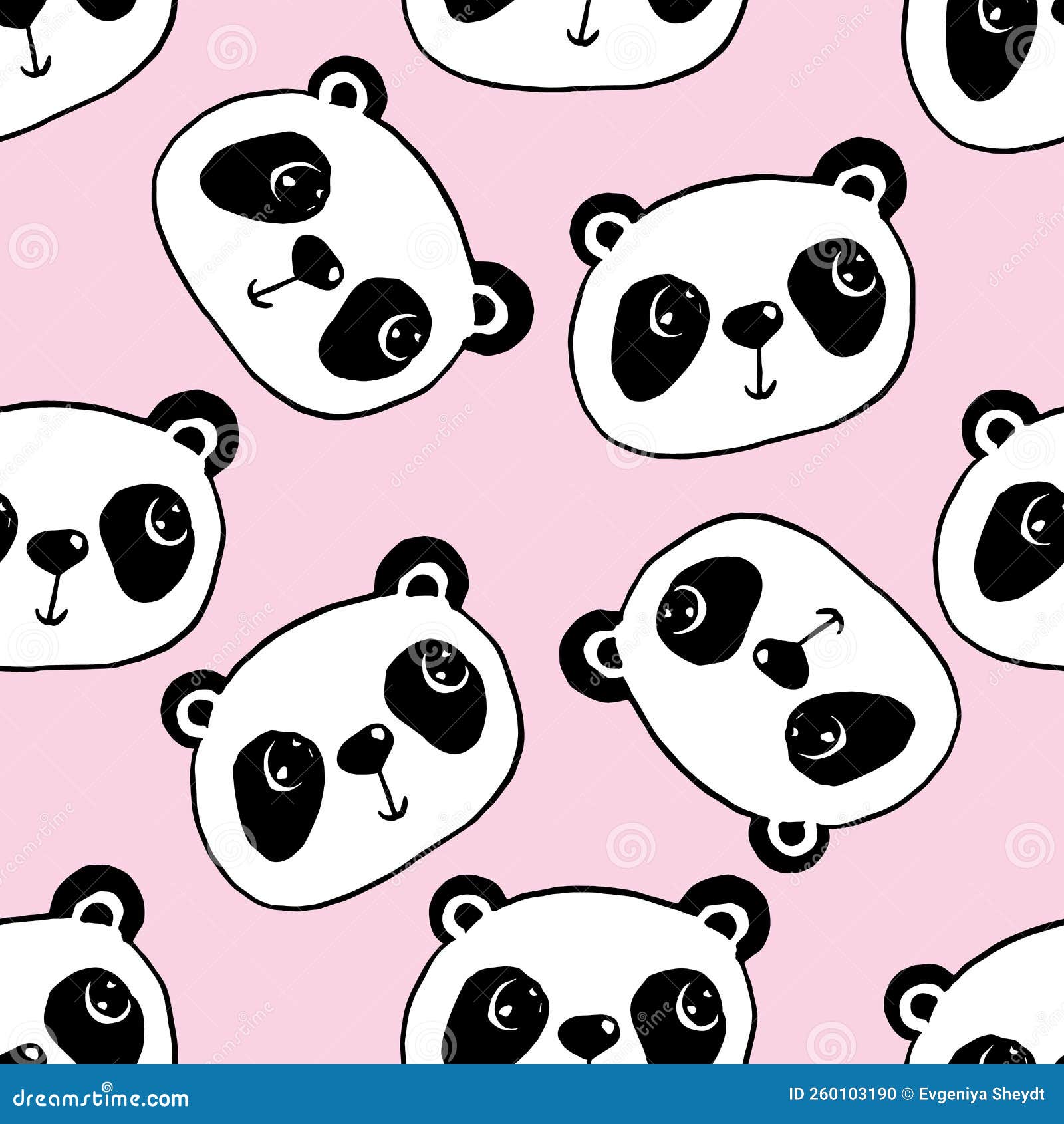 Cute Panda Seamless Pattern, Hand Drawn Pink Background with Faces of ...