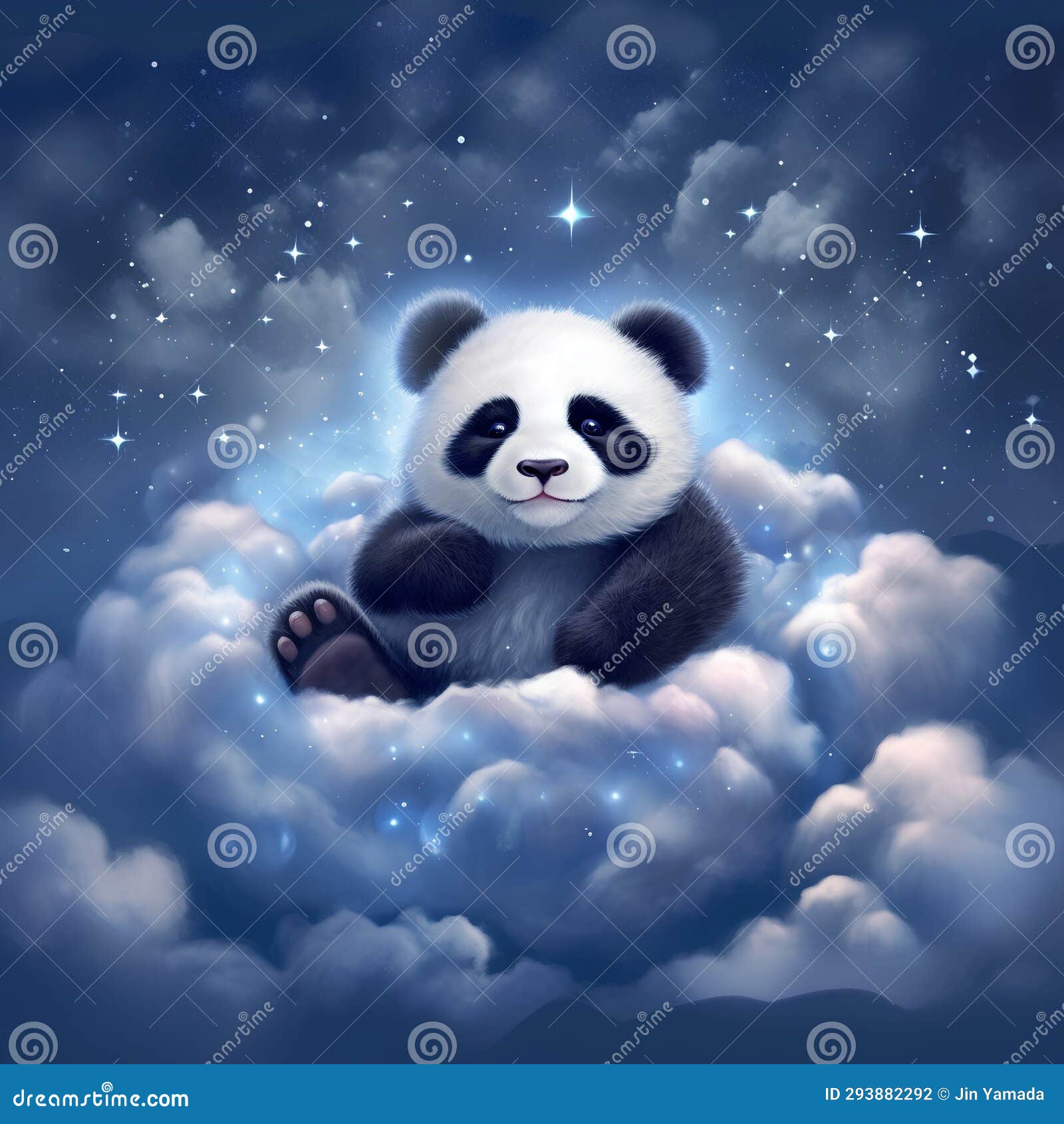 Cute Panda Sitting on the Cloud with Starry Sky Background Stock ...