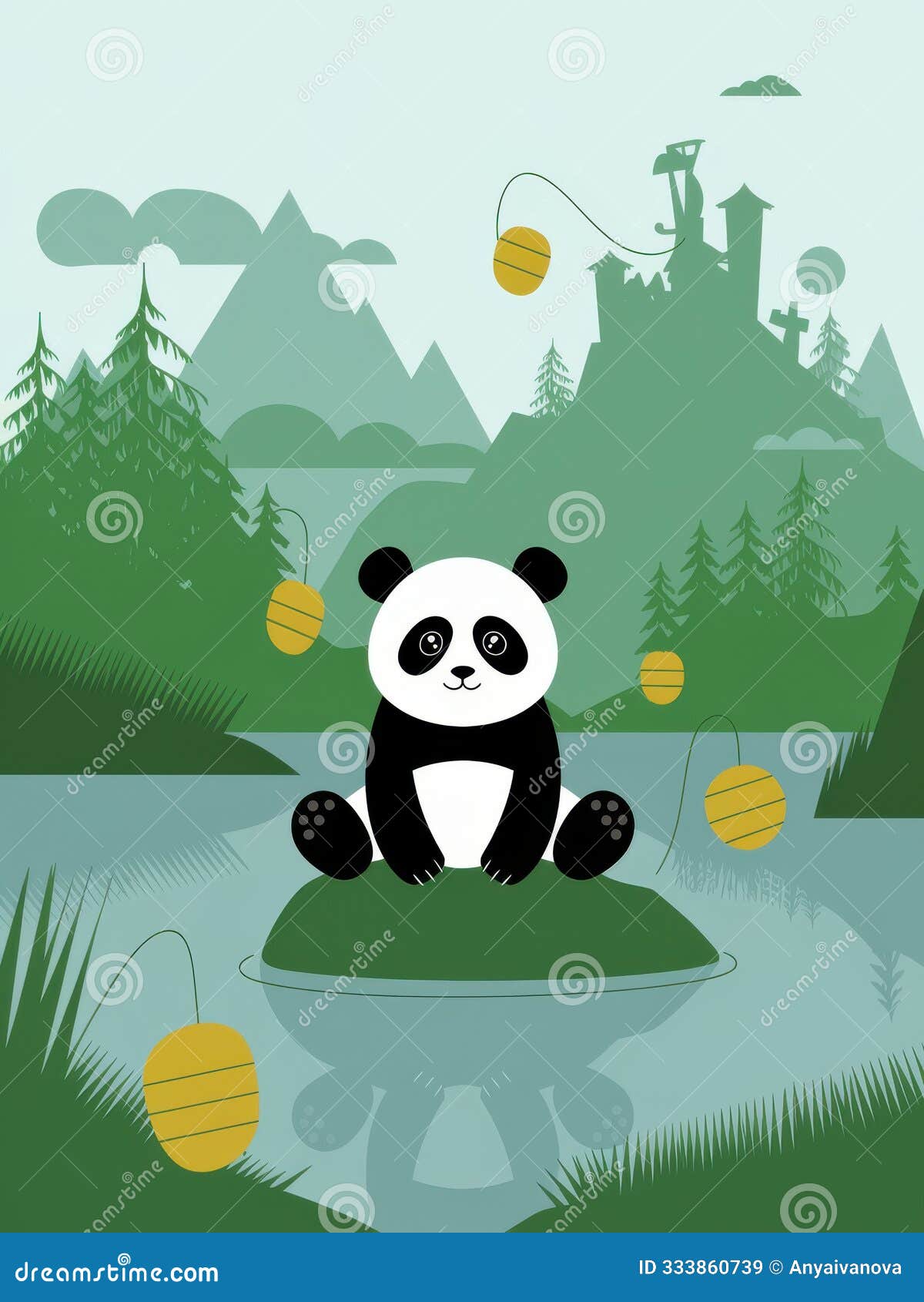 Cute Panda Sitting on Island in Scenic Forest with Lanterns and ...
