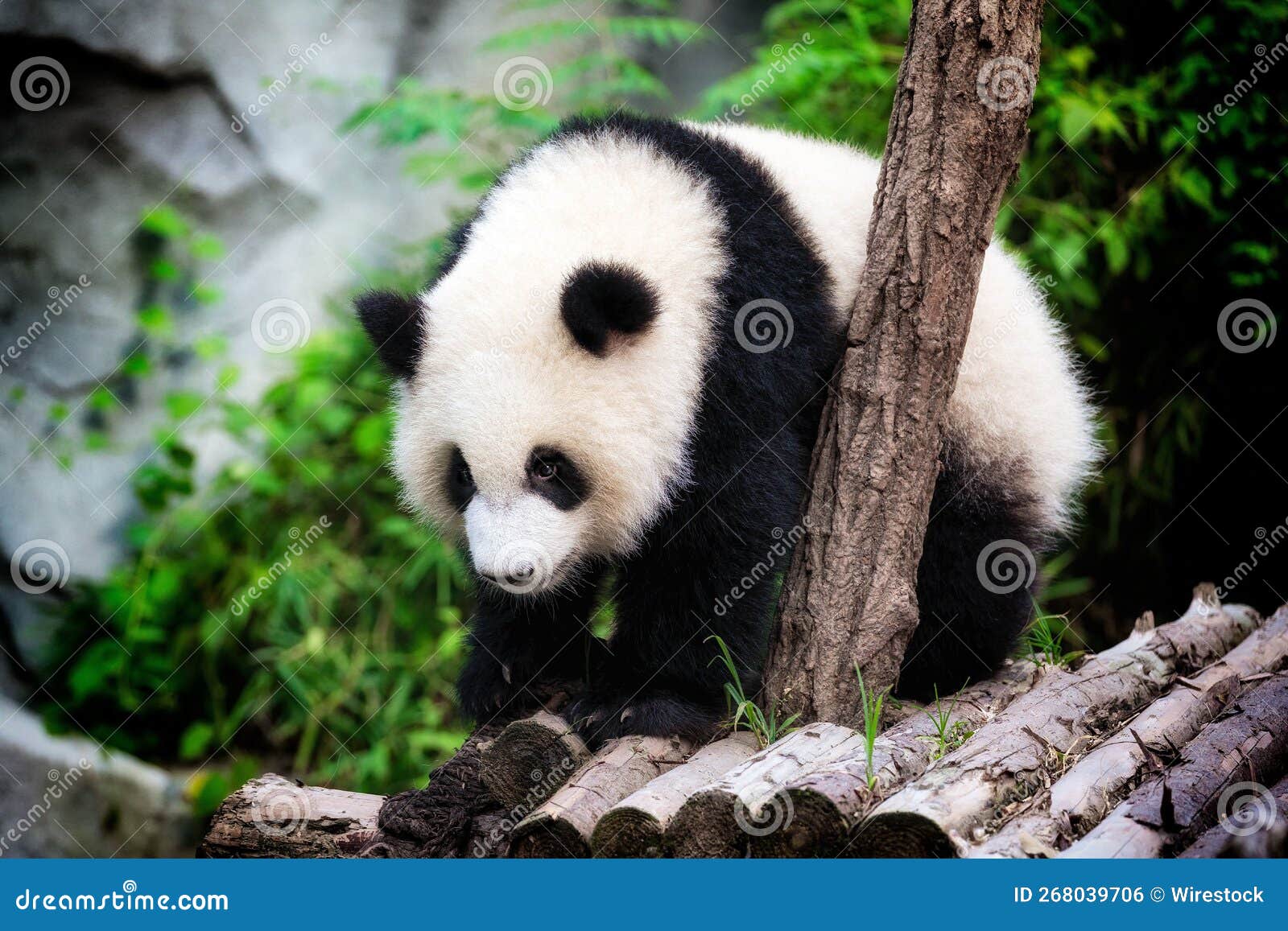 Cute Panda Sitting on a Wooden Structure Stock Photo - Image of lovely ...