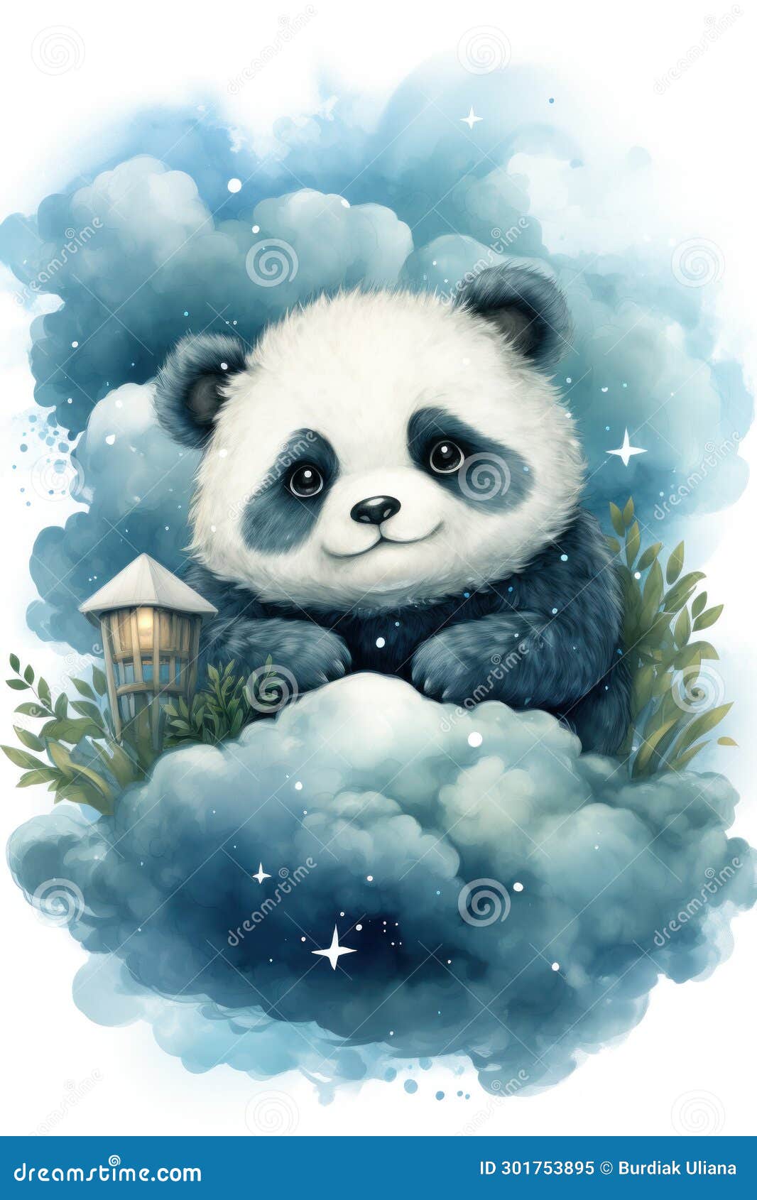 Cute Panda Sleeping on a Cloud Watercolor Drawing. Generative AI Stock ...