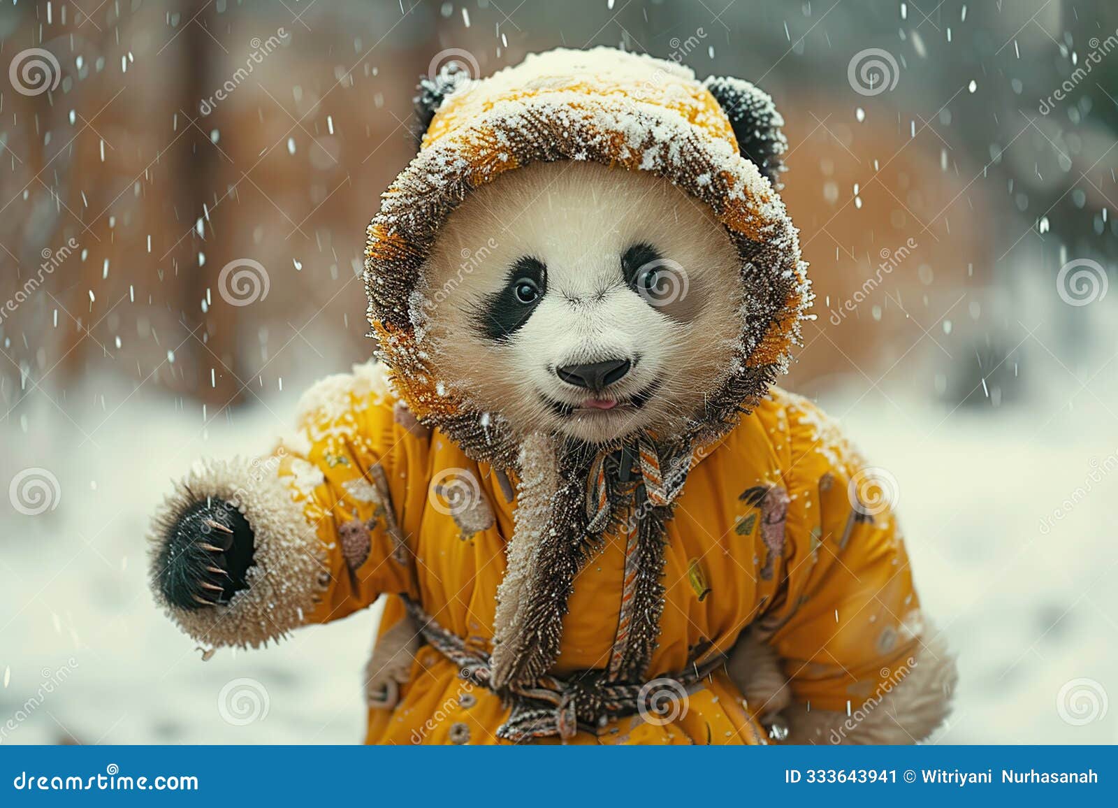 Cute Panda Wearing Yellow Jacket in Snow Stock Illustration ...