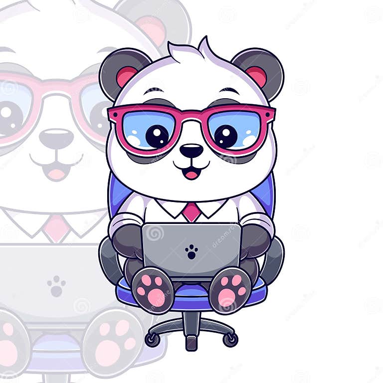 Cute Panda is Working in Front of a Laptop Stock Vector - Illustration ...